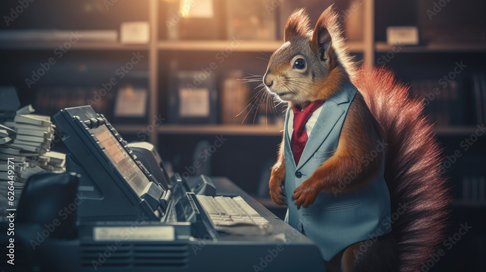 A squirrel in a business suit efficiently operating a cash register in ...