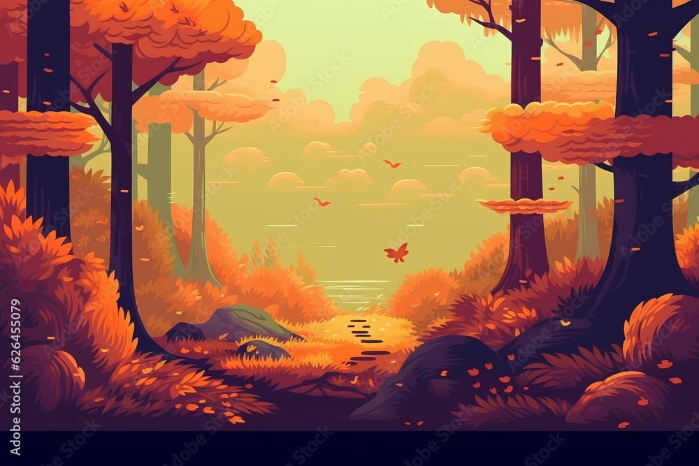Autumn forest 2D old pc pixel style gaming level design background ...