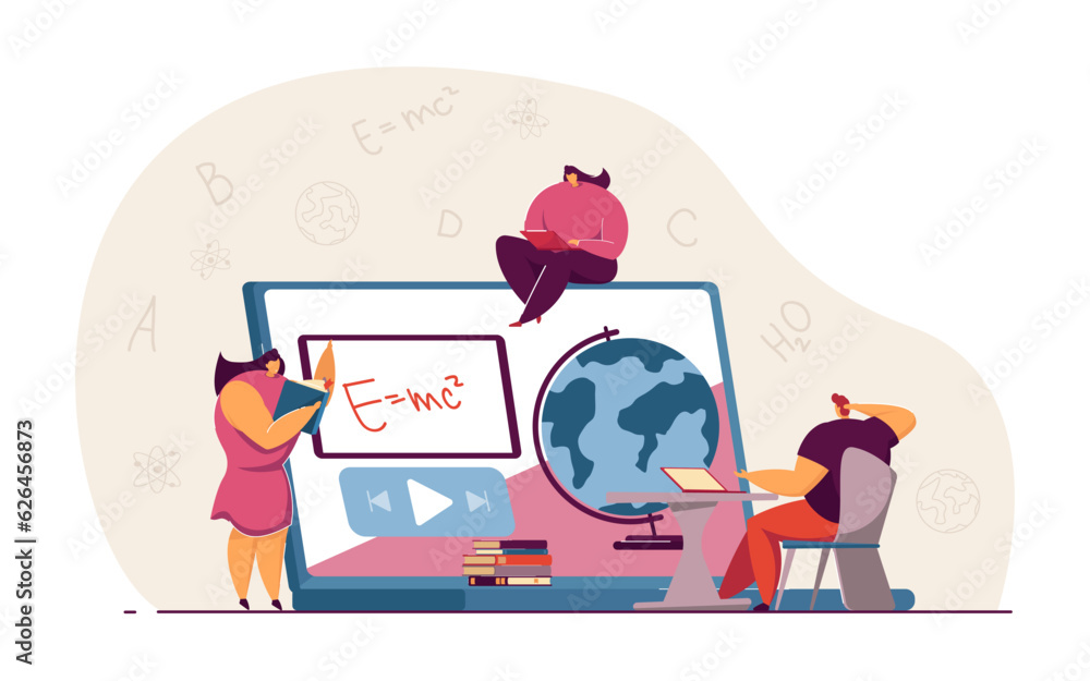 Student sitting in front of huge laptop vector illustration. Cartoon ...