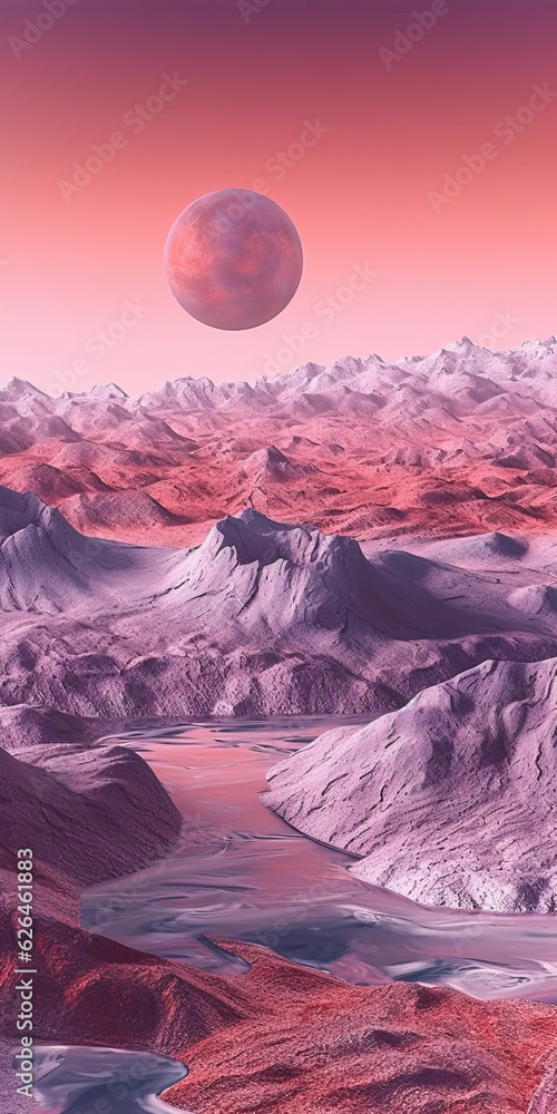 Unreal blue and purple terrain with planet landscape background,an ...