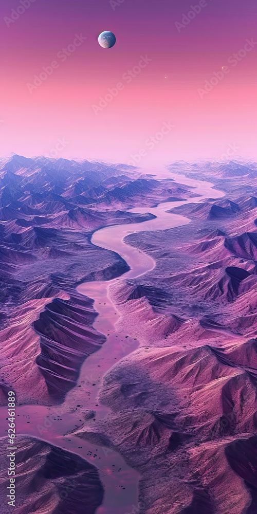 Unreal blue and purple terrain with planet landscape background,an ...