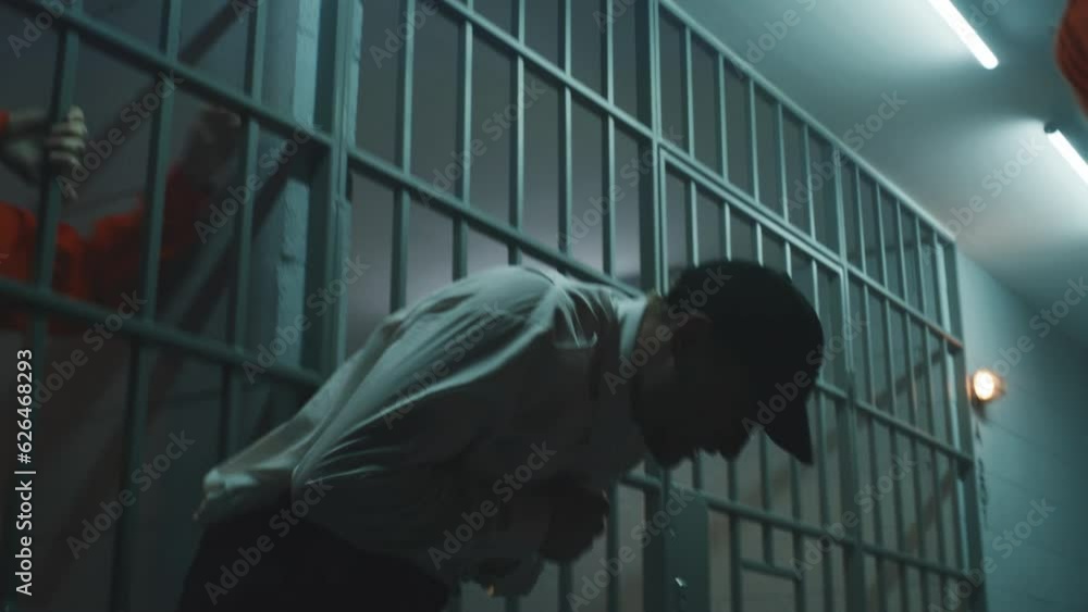 Prisoner in orange uniform fights with jailer. Another criminal ...