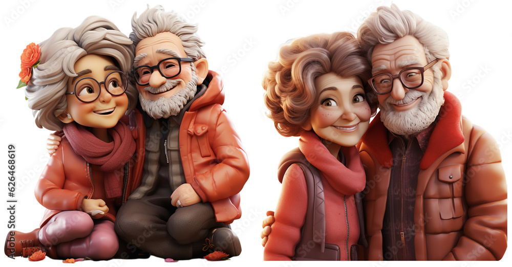 Cartoon illustration of a modern and sporty older couple in love, on a ...