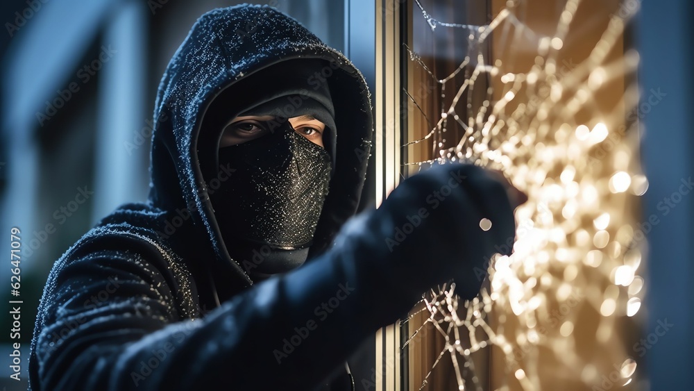 Generative AI : Thief wearing black mask trying to open a house window ...