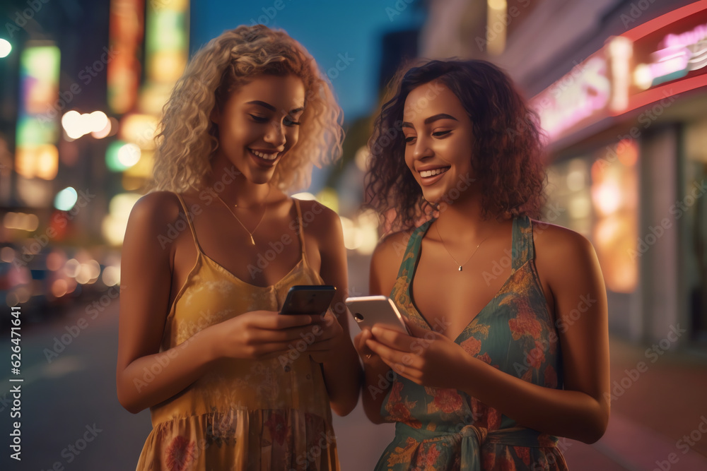 Generative AI : Two girls talking about online content in a smart phone ...