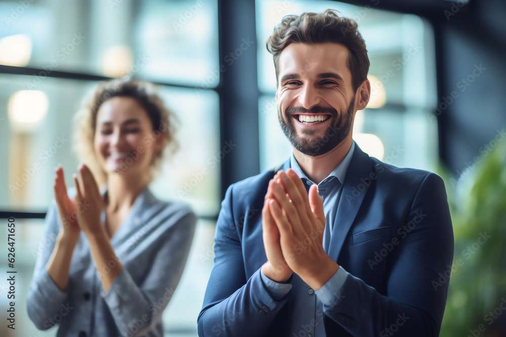 Generative AI : Two happy coworkers celebrating success giving five at ...