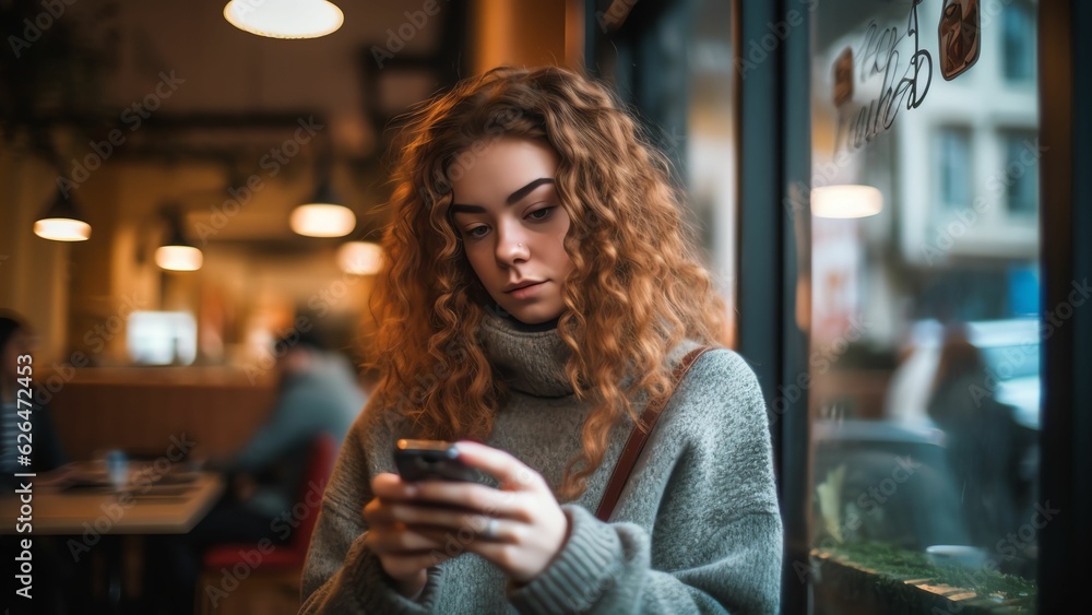 Generative AI : Worried girl checking phone message sitting in a coffee ...