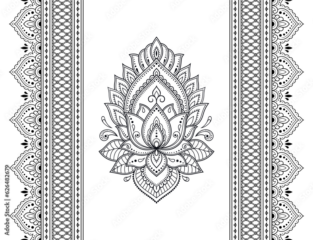 Seamless pattern of mehndi lotus flower and border for Henna drawing ...