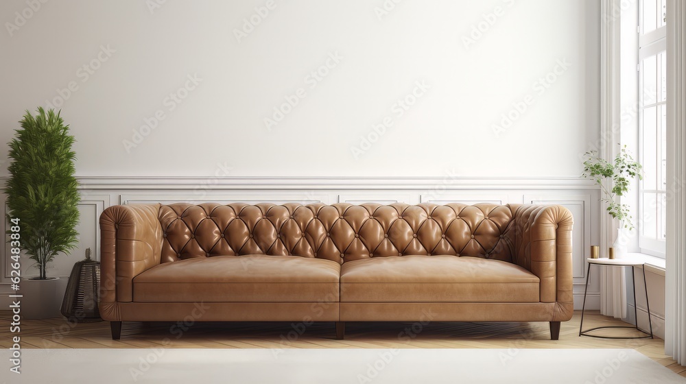 front view mock up room leather classic sofa with wall backdrop ...