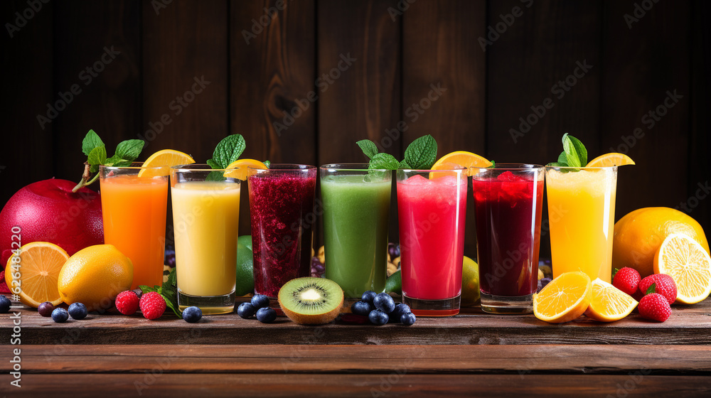 Vivid Splash of Various Fruit Juices in Clear Glasses on Rustic Wooden ...
