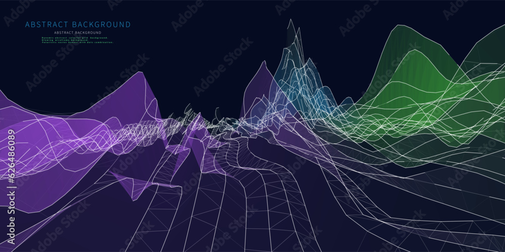 Abstract background wavy color grid with lines on dark. Big Data. Technology concept data waves ...