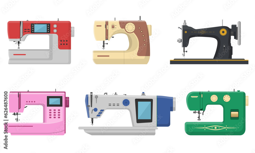 Sewing machine set isolated on white background. Mechanical devices for ...