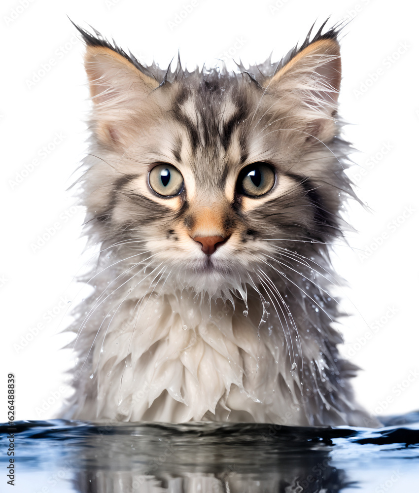 Sad and wet kitten in a water, isolated background, Generative Ai Stock ...