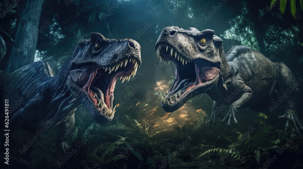 Two tyrannosaurus rex are fighting in the jungle. Tyrannosaurus rex ...