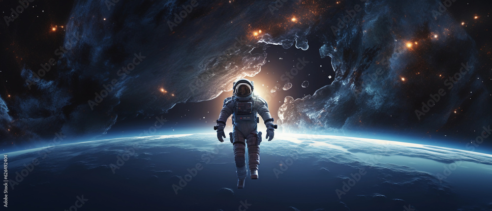 An astronaut floating in a serene space environment, surrounded by a ...