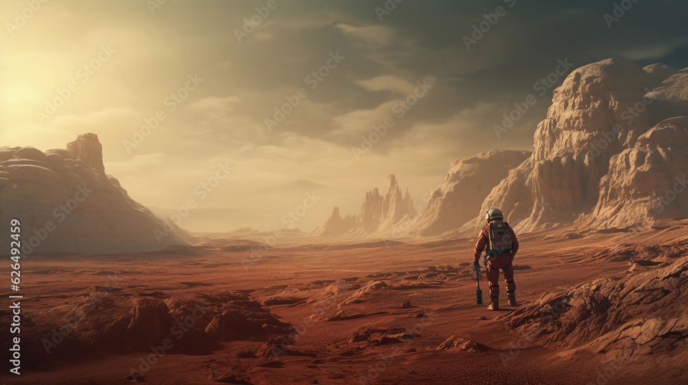 a sprawling Martian landscape, red desert, rocky formations, an ...