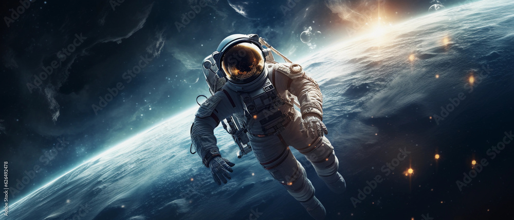 An astronaut floating in a serene space environment, surrounded by a ...