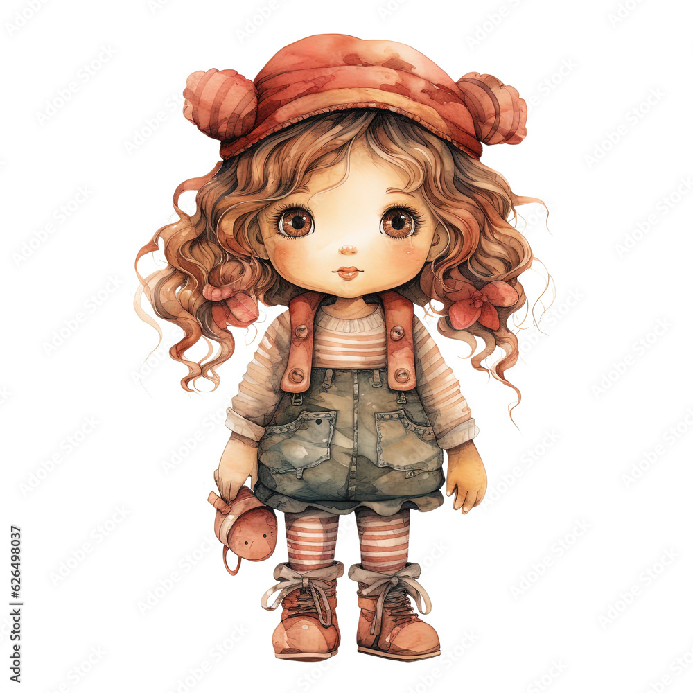 Retro girl with a doll watercolor Illustration Clipart cartoon isolated transparent background ...