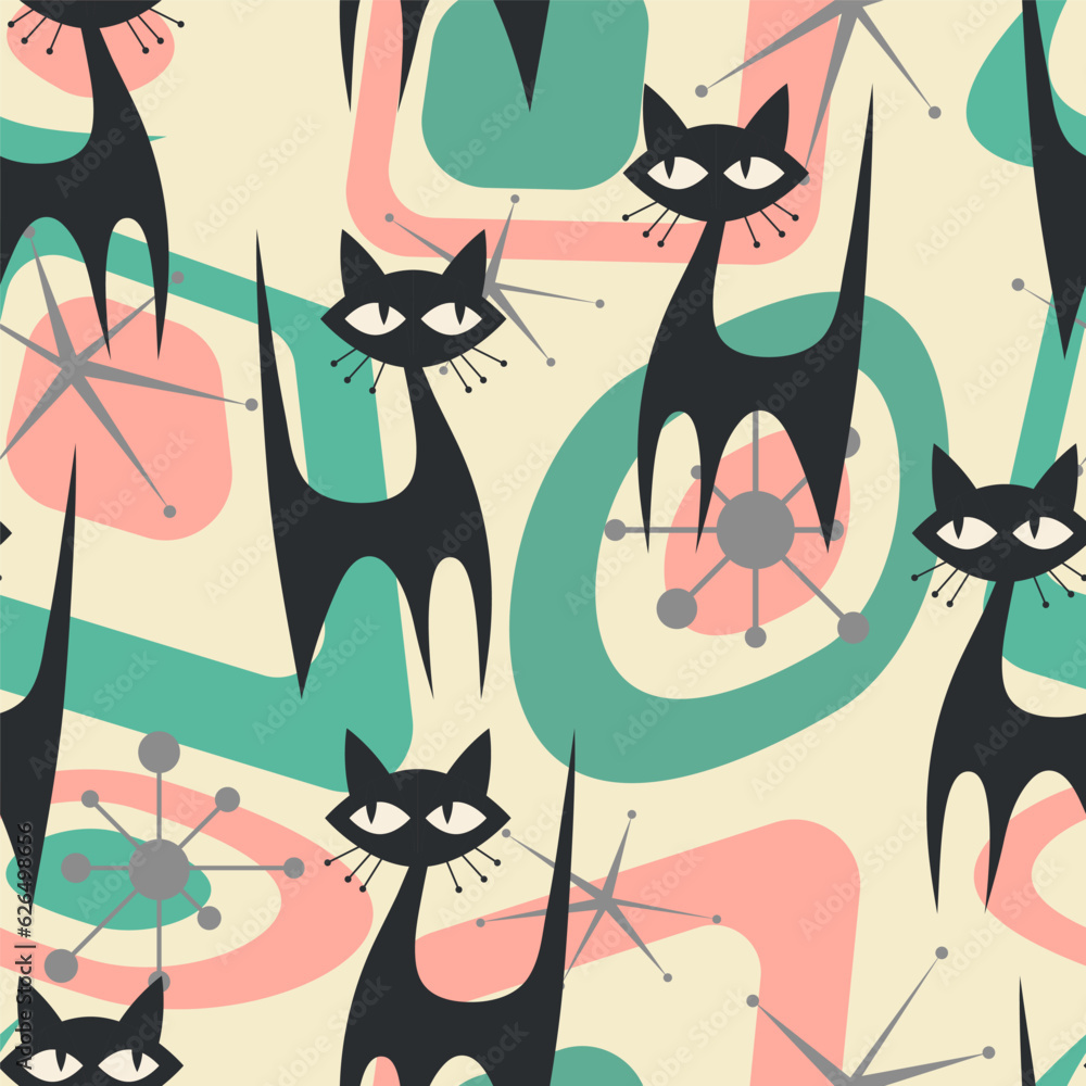 1950s Mid Century Modern Atomic Black Cats and Starbursts pattern ...