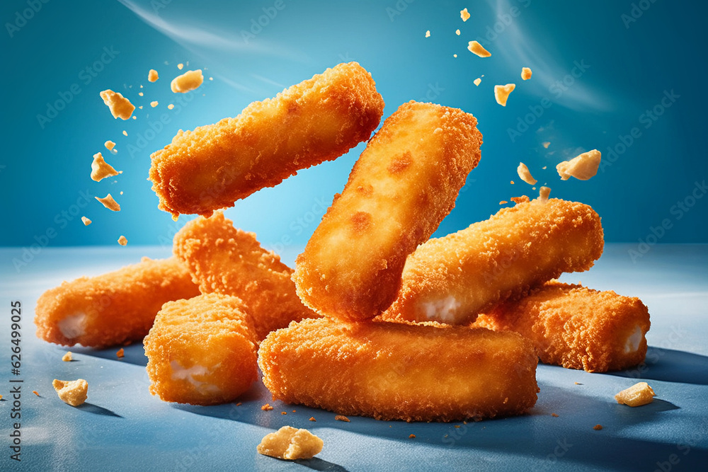 tasty and crunchy fried fish fingers, flying, created with generative ...