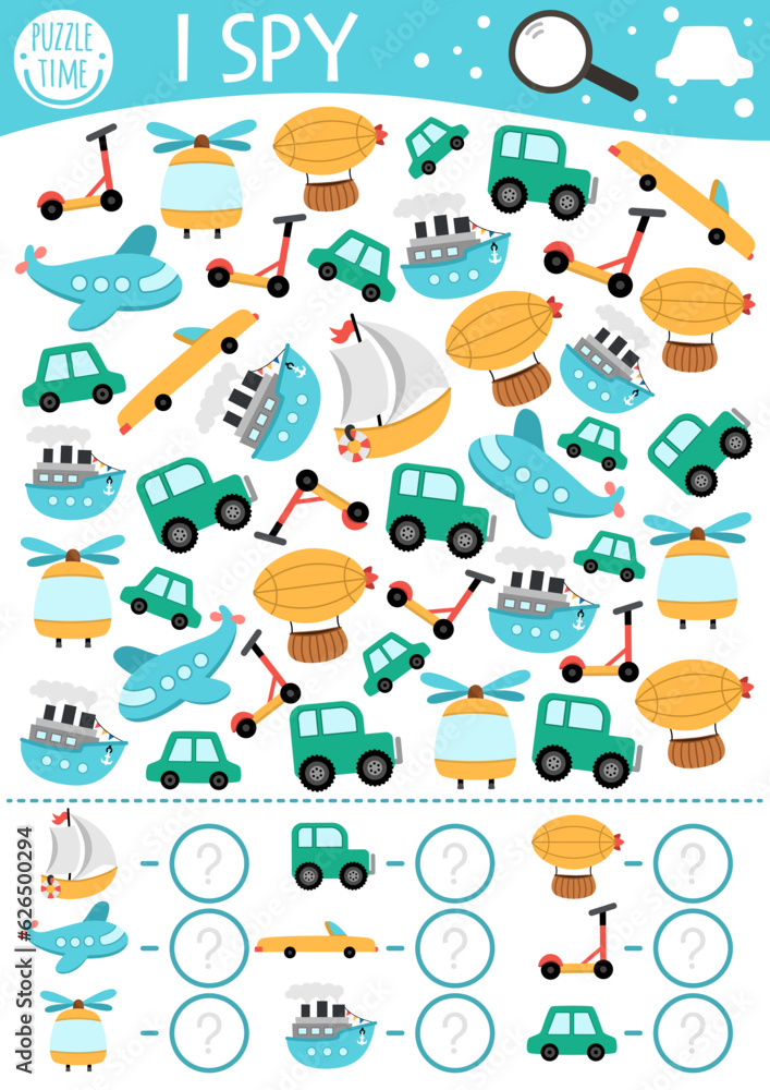 Transportation I spy game for kids. Searching and counting activity ...