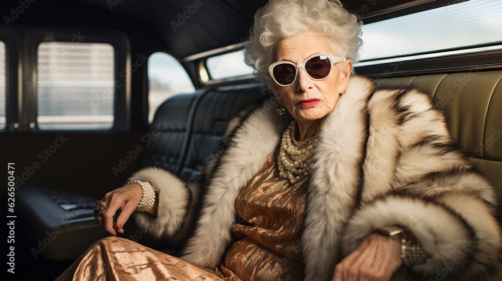 Portrait of rich old lady wearing fur coat and expensive jewelry and ...
