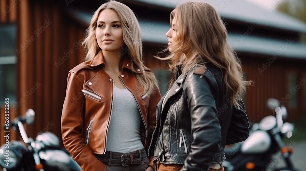 Young happy two girls in leather jackets, riding a motorcycle, biker ...