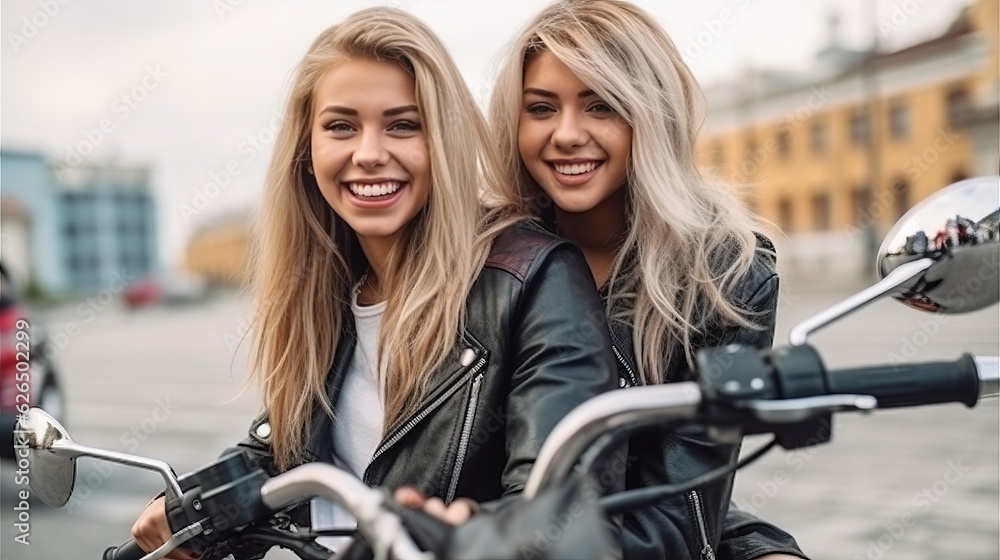 Young happy two girls in leather jackets, riding a motorcycle, biker ...