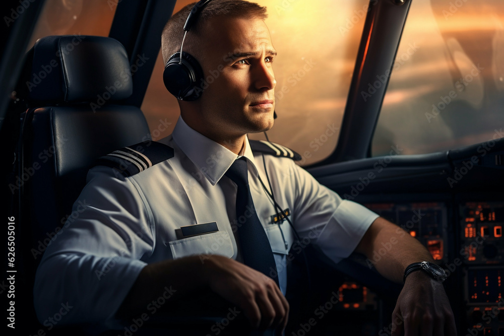 Pilot in a Uniform Sitting in the Cockpit. Stock Photo | Adobe Stock