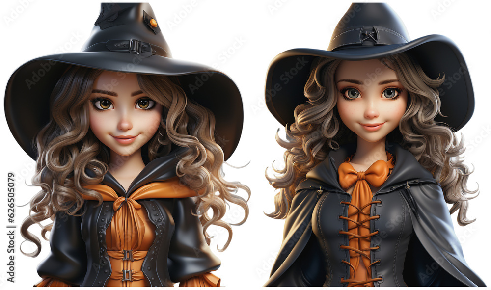 Cartoon illustration of the portrait of two halloween witches on a ...