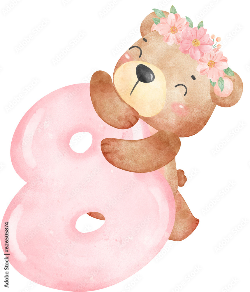 Baby Bear Birthday Girl with Numbers 8, Wearing Flower Crown,Watercolor ...