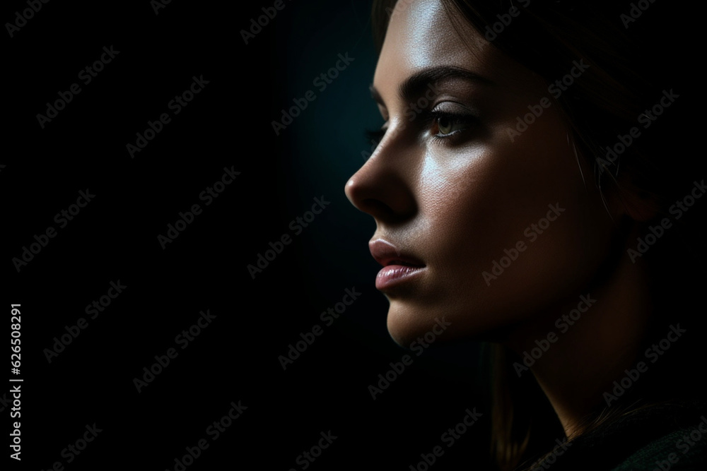 Beautiful serious concentration intelligence woman in darkness with ...