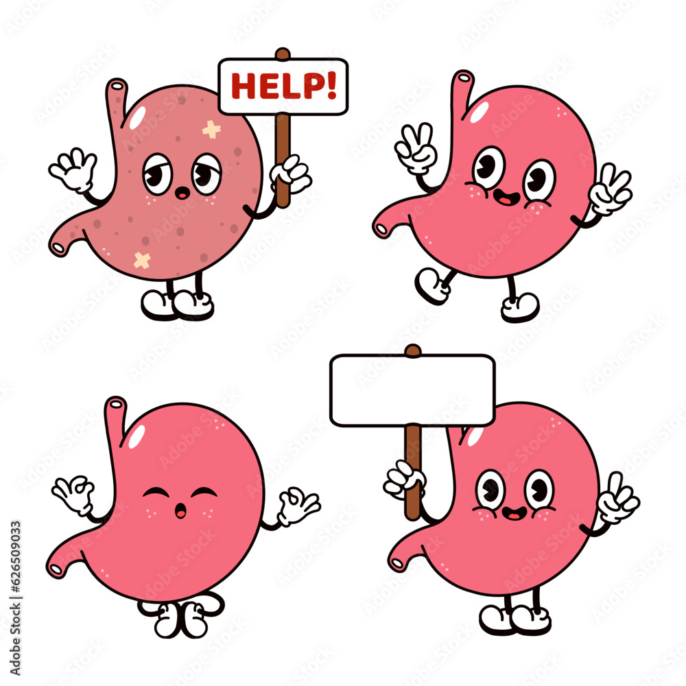 Stomach character bundle set. Vector hand drawn doodle style ...