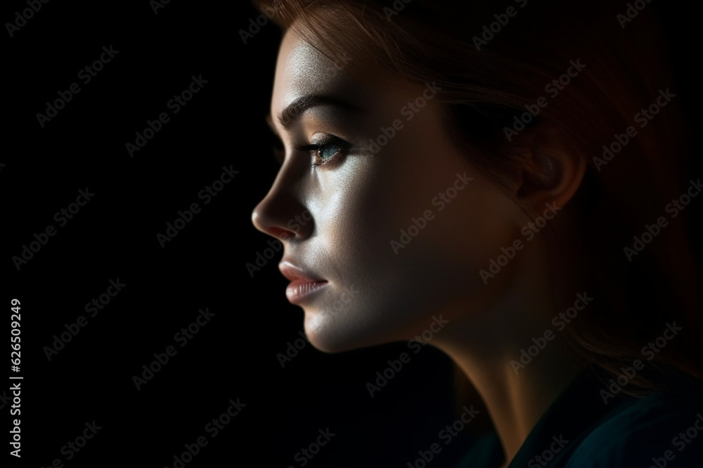 Beautiful serious concentration intelligence woman in darkness with ...