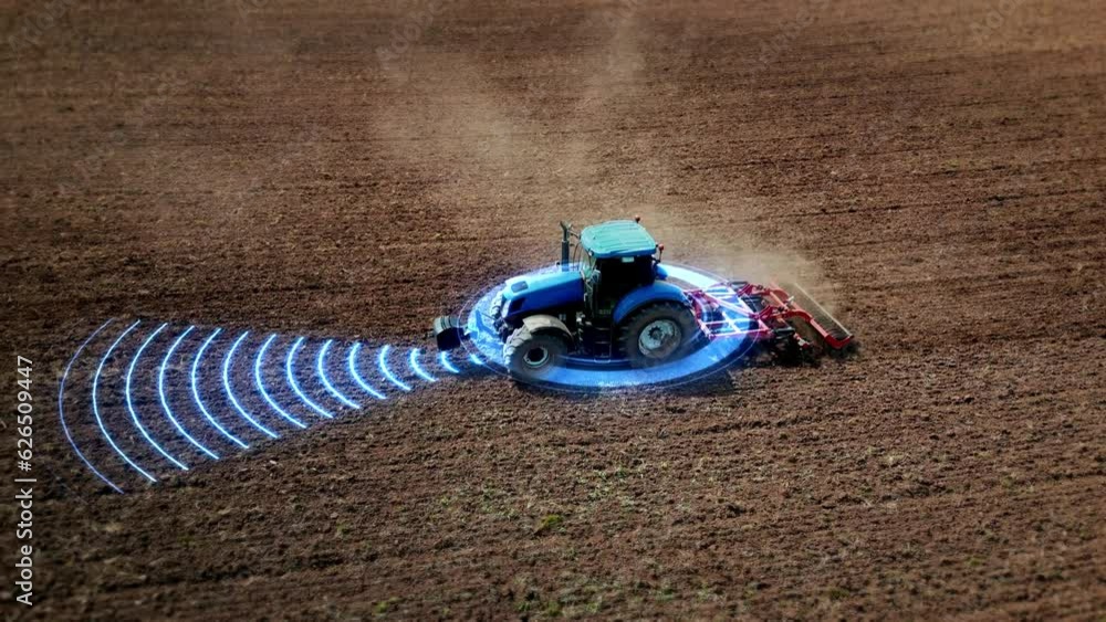 5G self-driving autonomous tractor without driver working the soil ...
