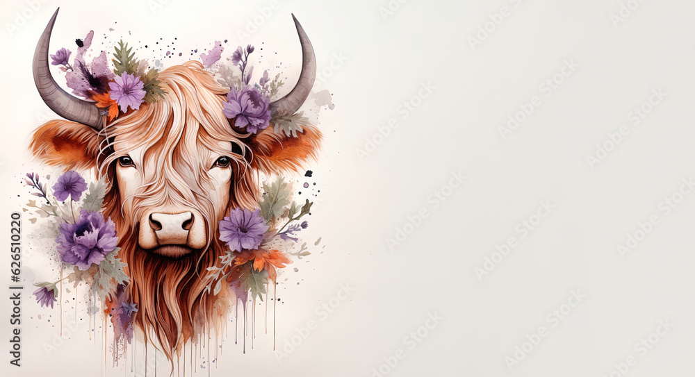 Portrait of a highland cow decorated with colorful flowers, highland ...