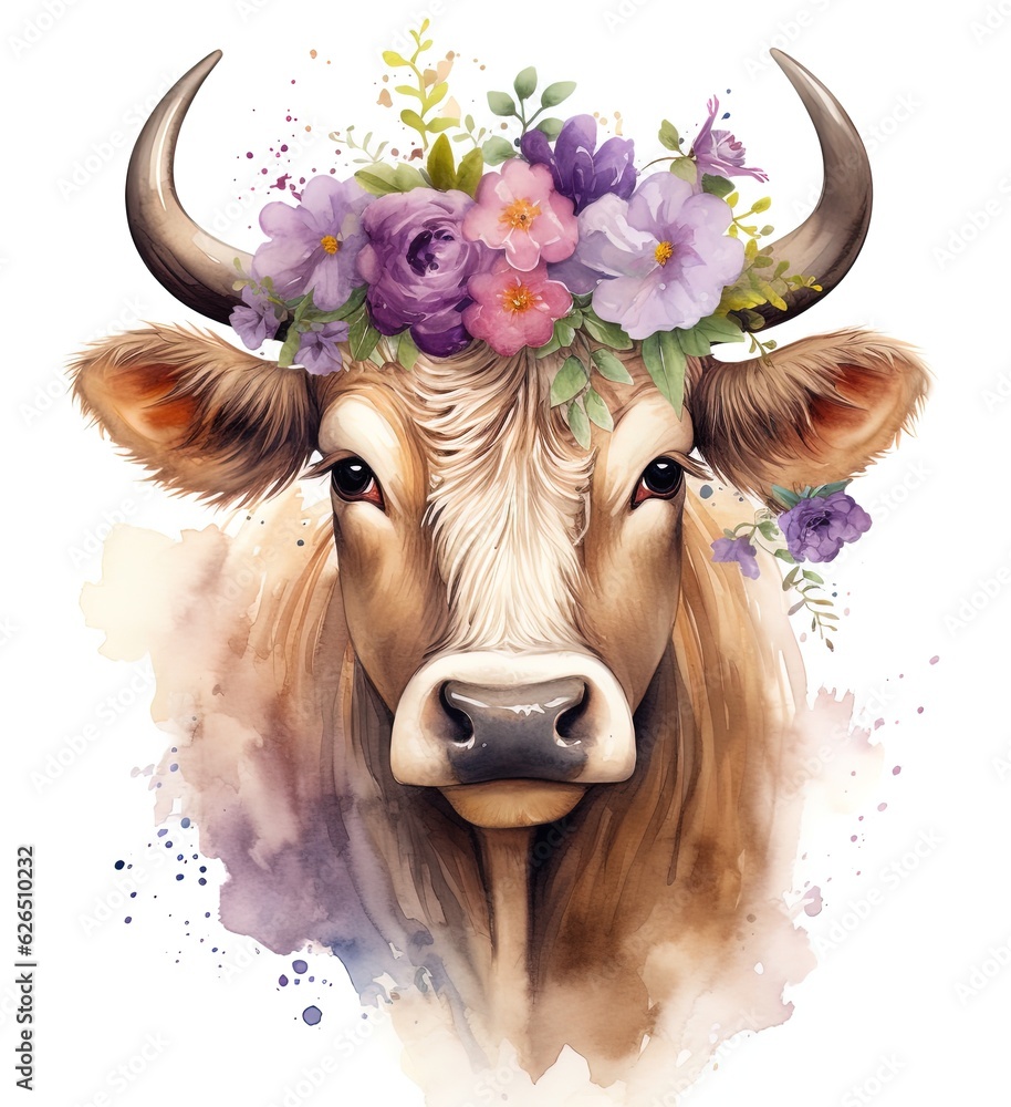 Portrait of a highland cow decorated with colorful flowers, highland ...