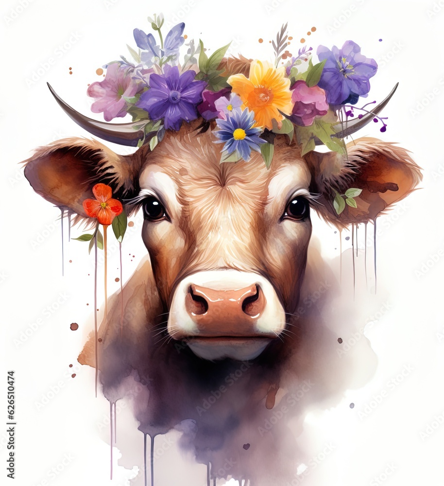 Portrait of a highland cow decorated with colorful flowers, highland ...