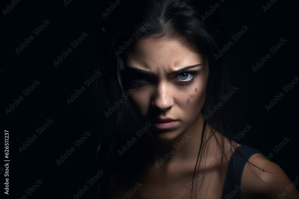 Sexy makeup woman with natural angry emotion posing isolated on dark ...