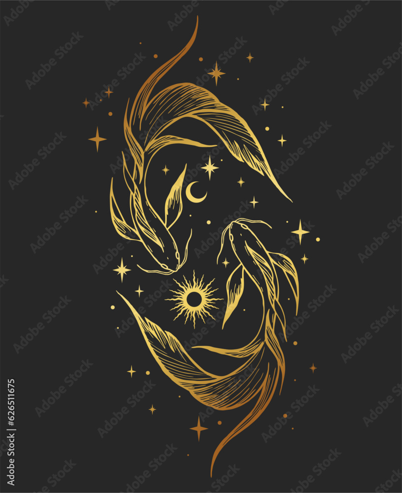 Hand drawn illustration of gold two fish isolated on black background ...