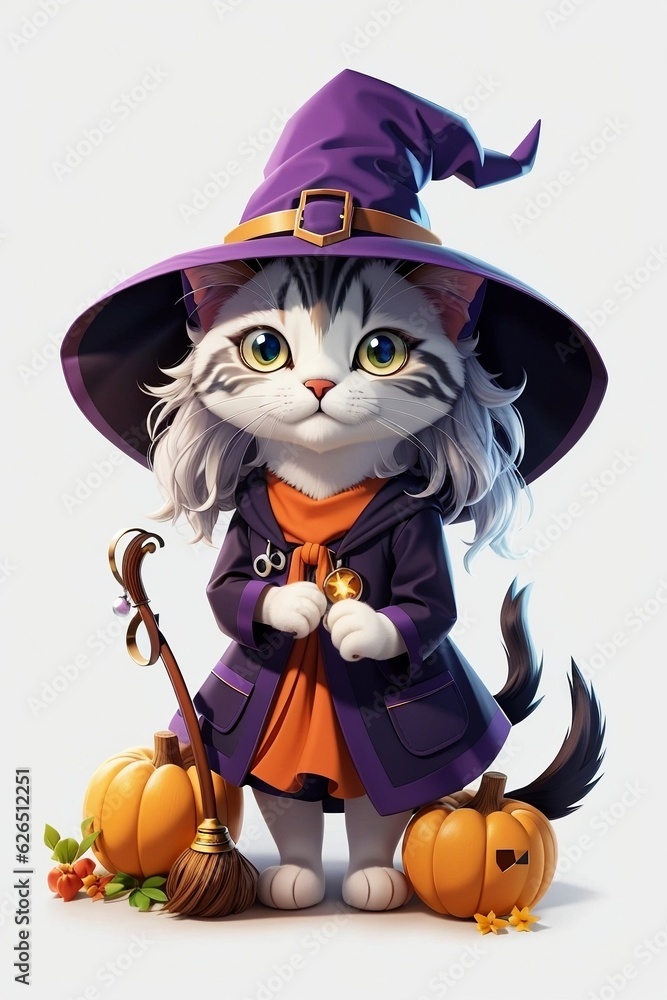 Cute witch cat clipart,2D, cartoon, white background, 4k, doctor Stock ...