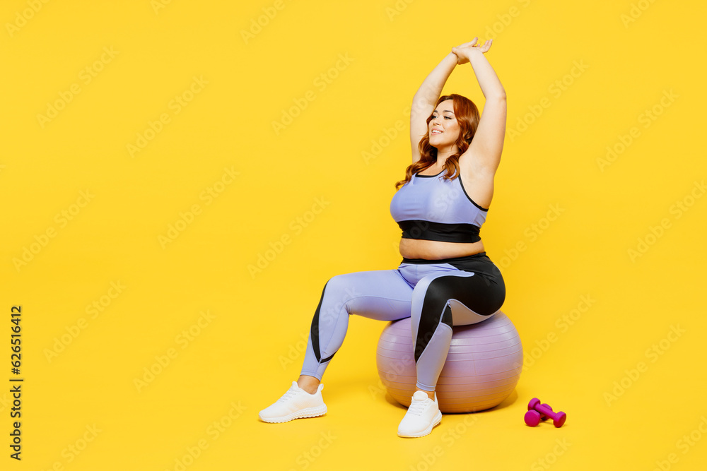 Full body side view young chubby plus size big fat fit woman wear blue ...