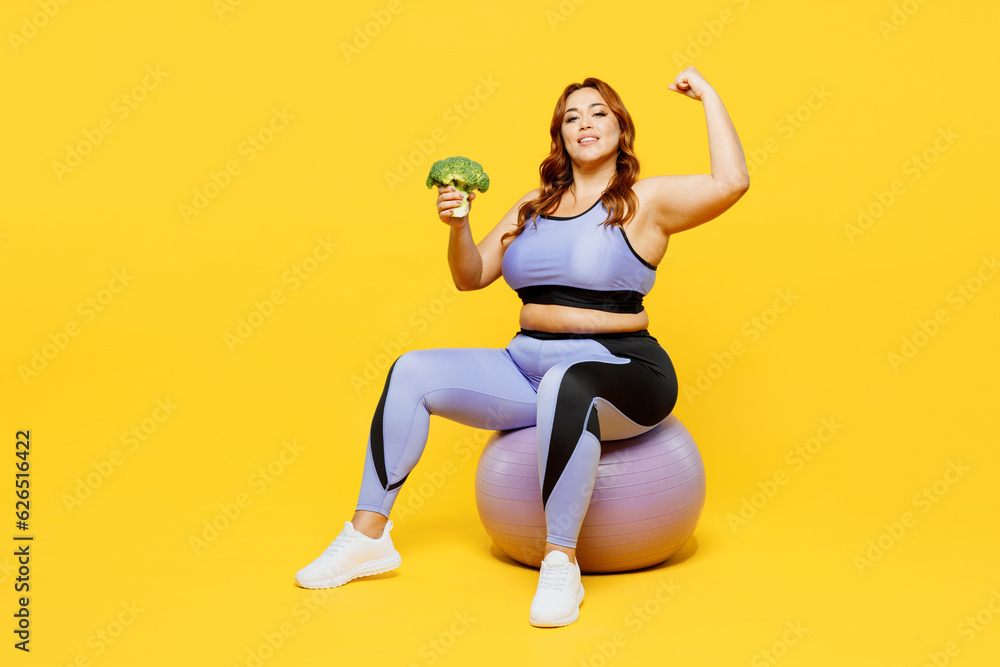 Full body young chubby plus size big fat fit woman wear blue top warm up training sit on fit ...