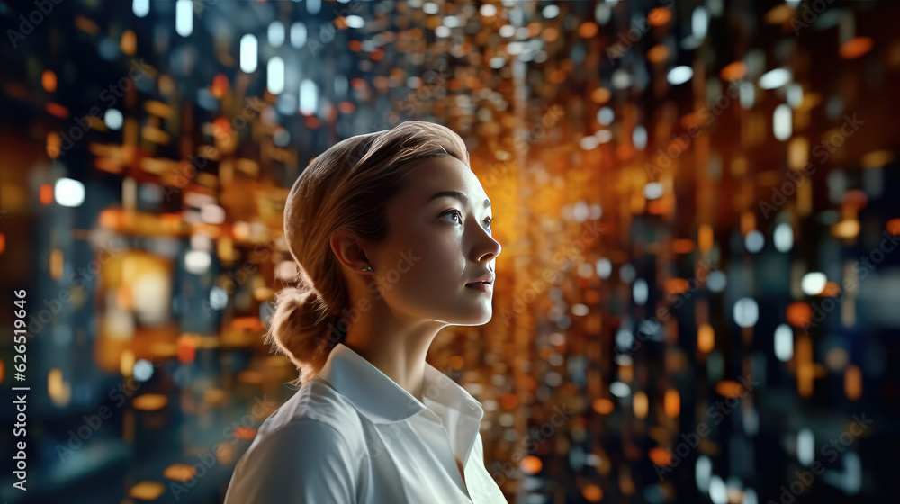 portrait of a woman. People analyzing data with AI virtual environment ...