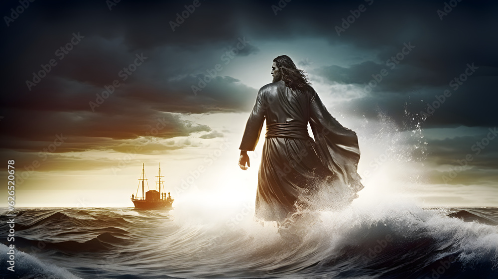Jesus Christ walking on water across the sea towards a boat. Stock ...