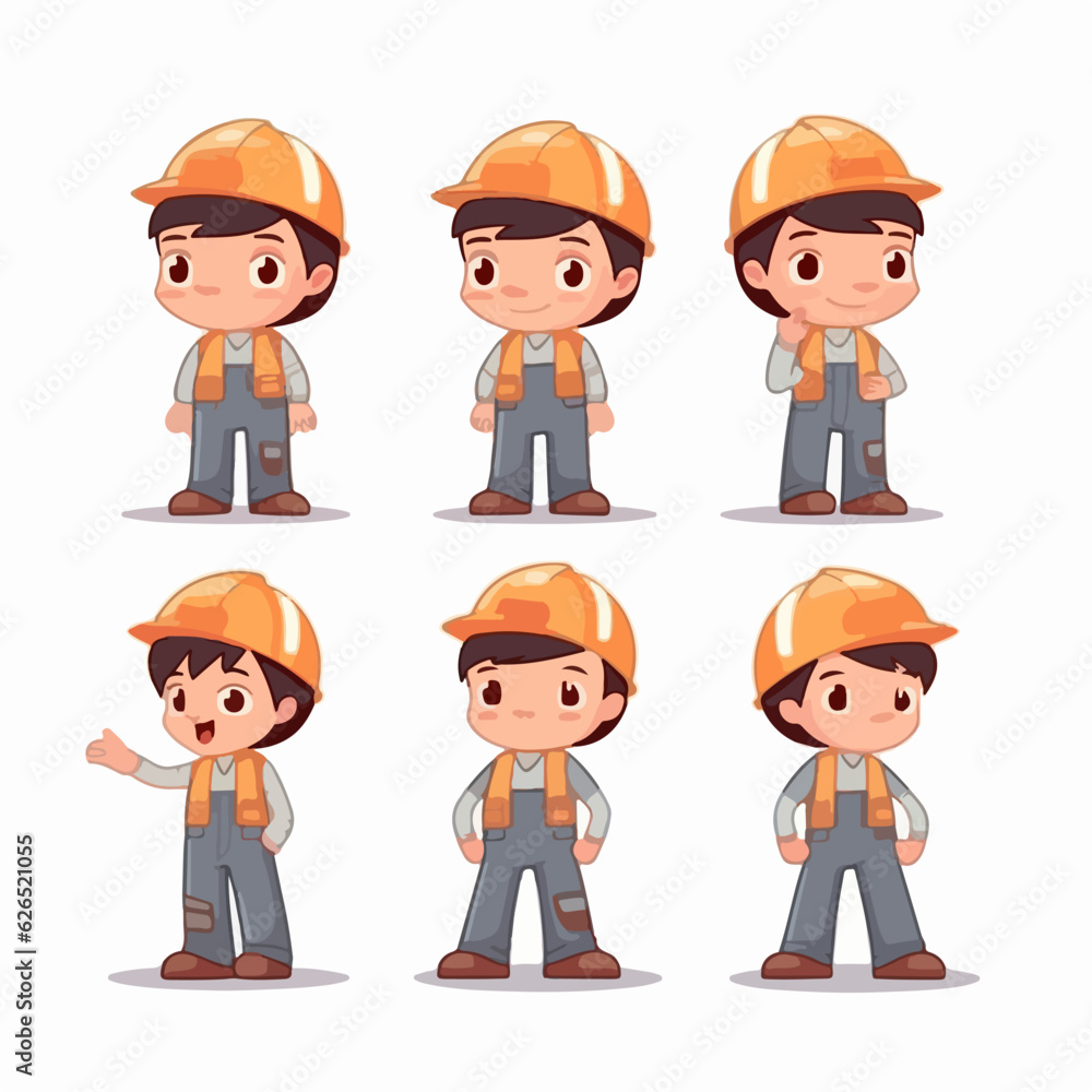 Builder kid with construction outfit, vector pose, young boy, cartoon ...