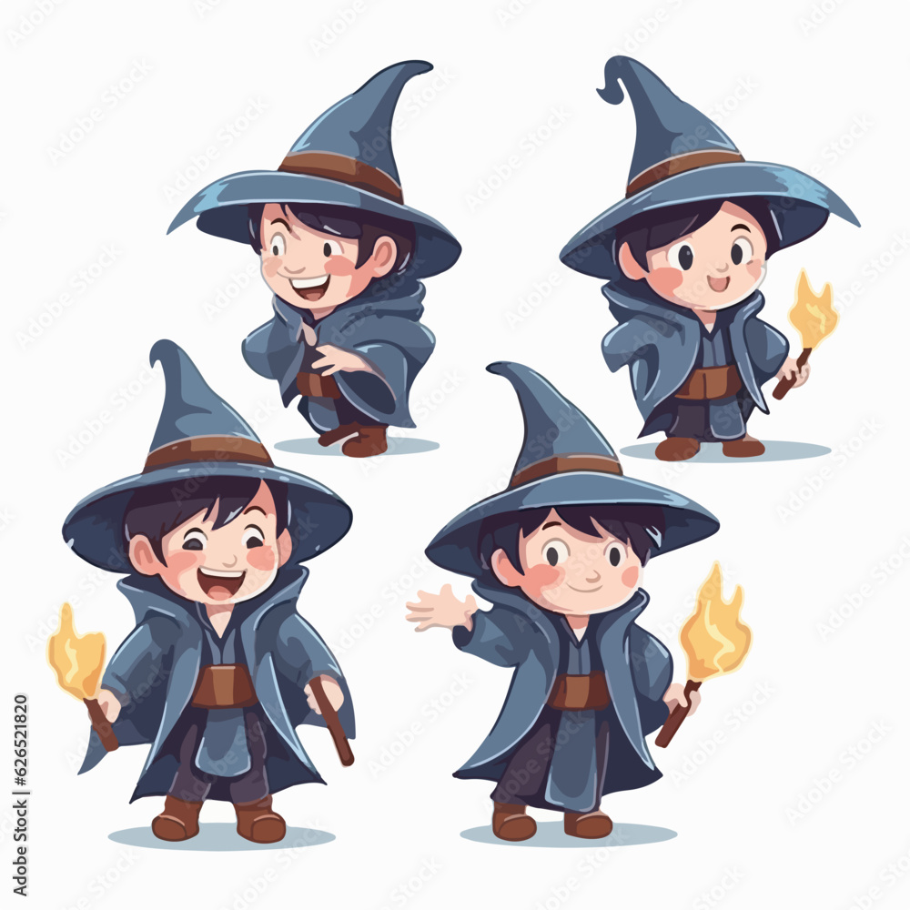 Wizard kid with wizard attire, vector pose, young boy, cartoon style ...