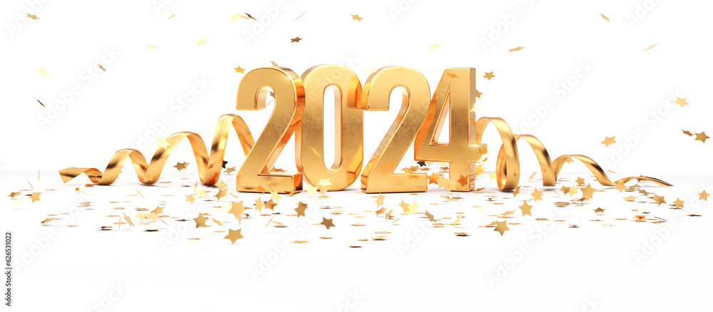 Golden 2024 3d numbers, golden confetti stars and golden ribbons. Happy ...