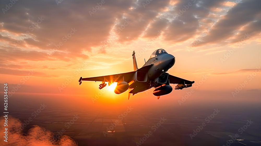 flying over the cities at sunset jet fighter f16 with great speed ...