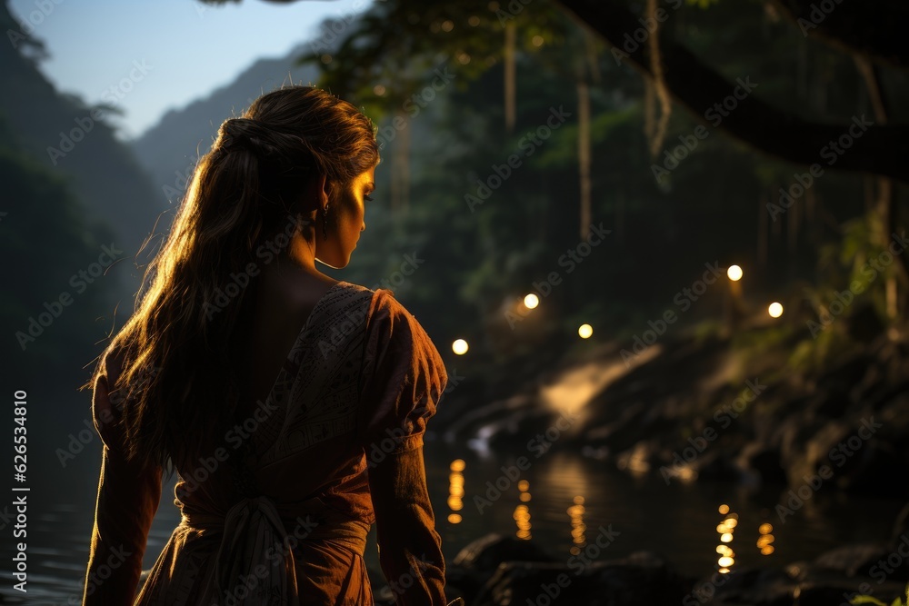 Tribal or native indigenous women at sunset by the river, Native ...